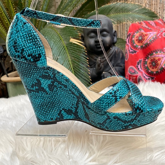 Mixx Shuz | Shoes | Mixx Turquoise Blue Snakeskin Style Wedges | Poshmark